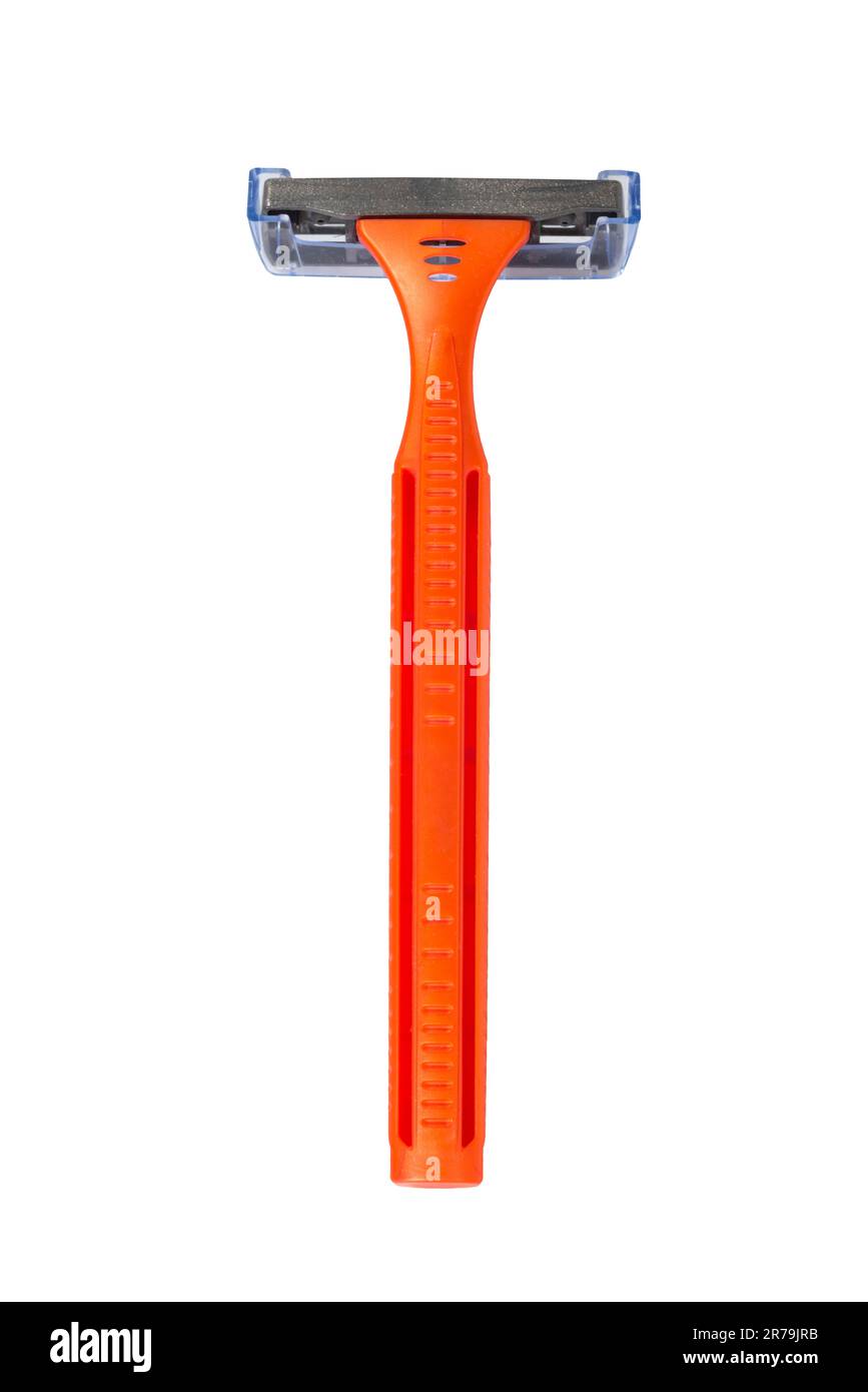 Orange disposable razor isolated on white. View from above. Skin care ...