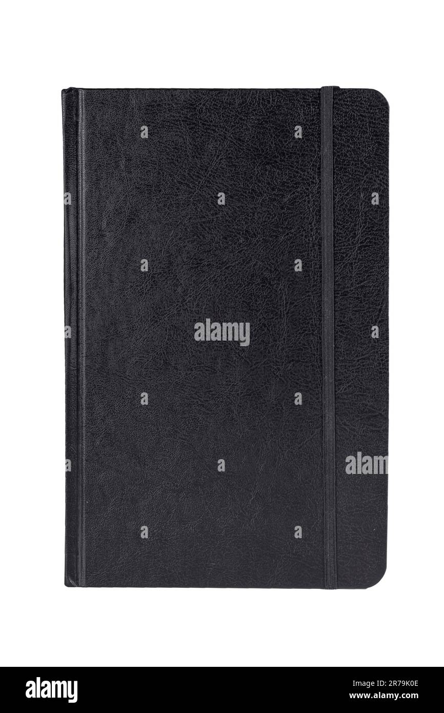 Black leather notebook isolated on white. Close-up Stock Photo - Alamy