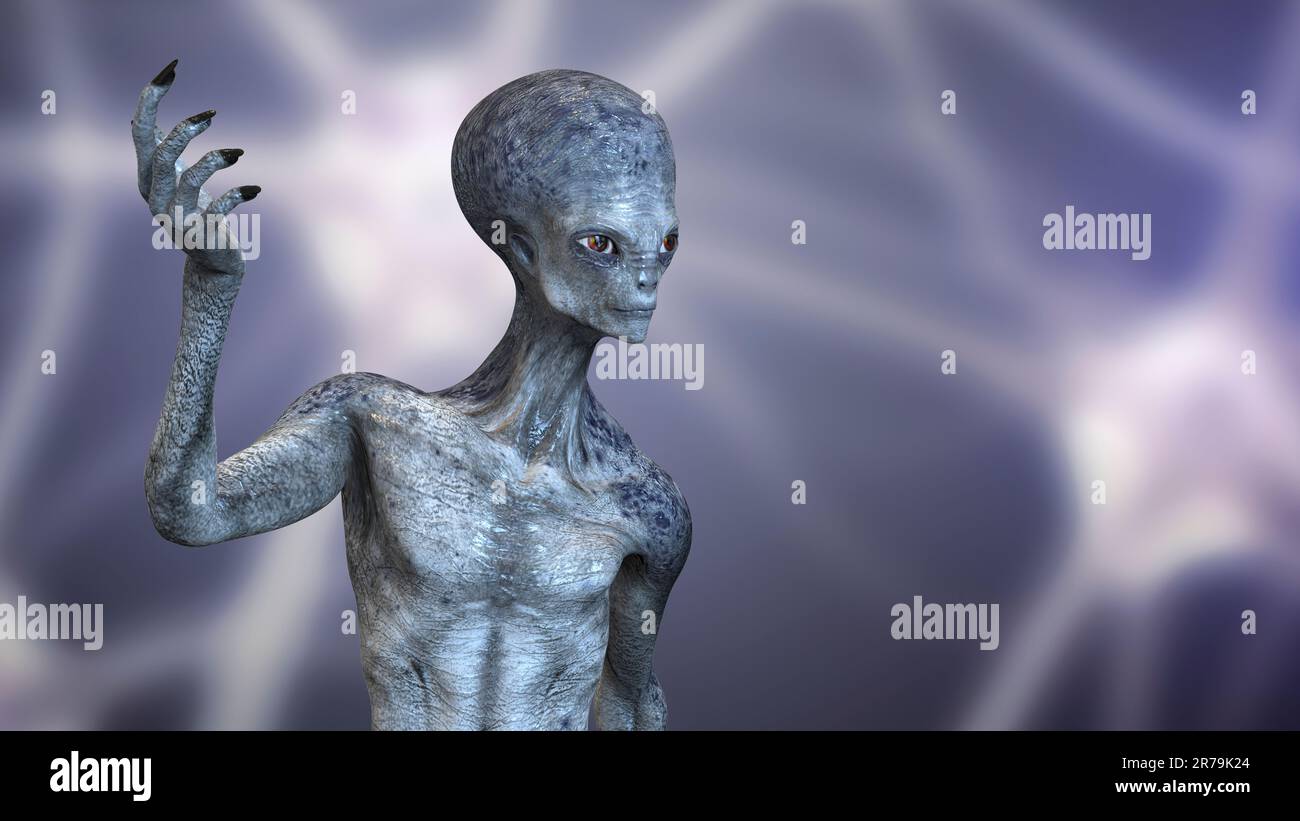 Portrait of a humanoid alien looking at camera with photo realistic ...