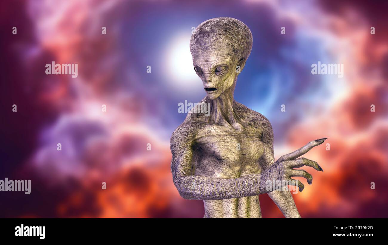 Humanoid alien pointing aside and saying something with photo realistic ...