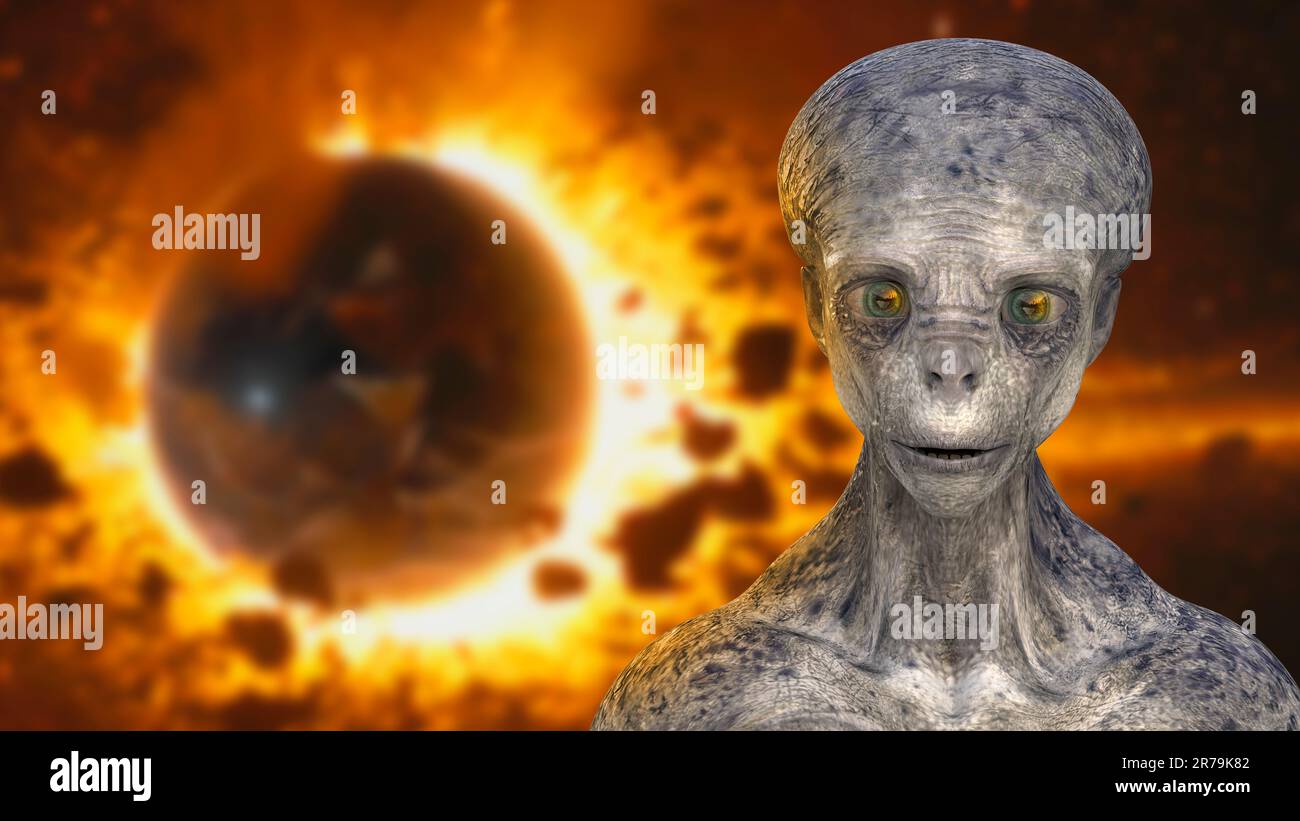 Humanoid alien looking at camera on background with approaching ...