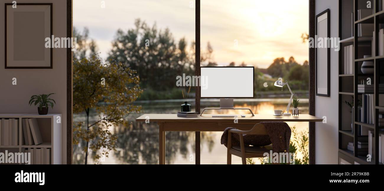 Interior design of a modern beautiful home office with computer white ...