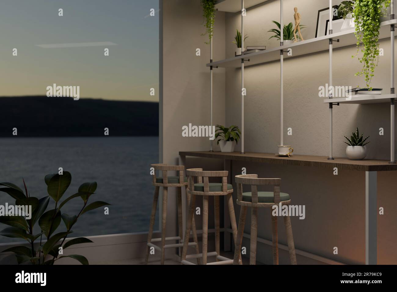 Beautiful cafe coffee shop seating area by the large glass window with ...