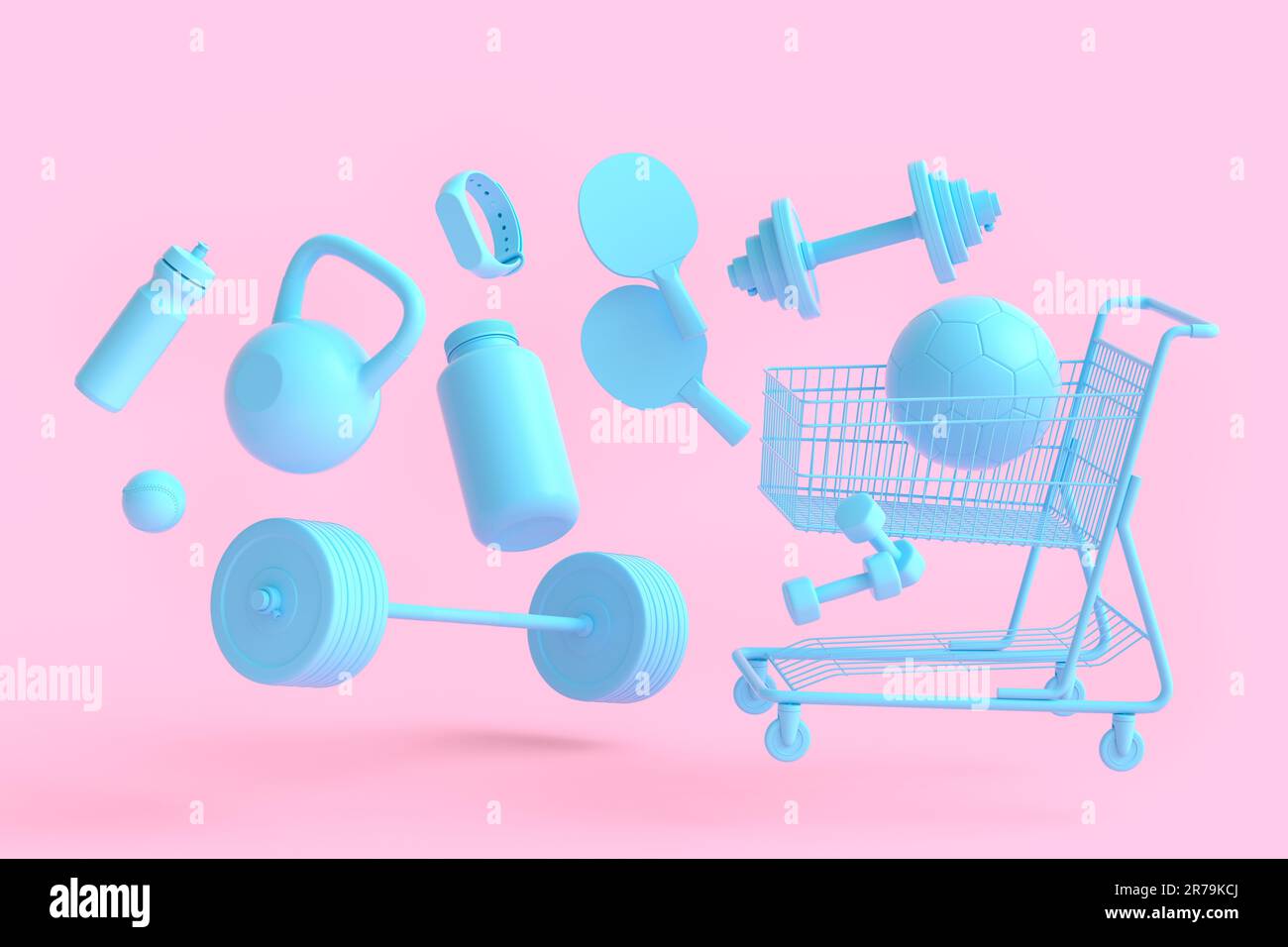 Sport equipment for fitness, gym in shopping cart on monochrome ...