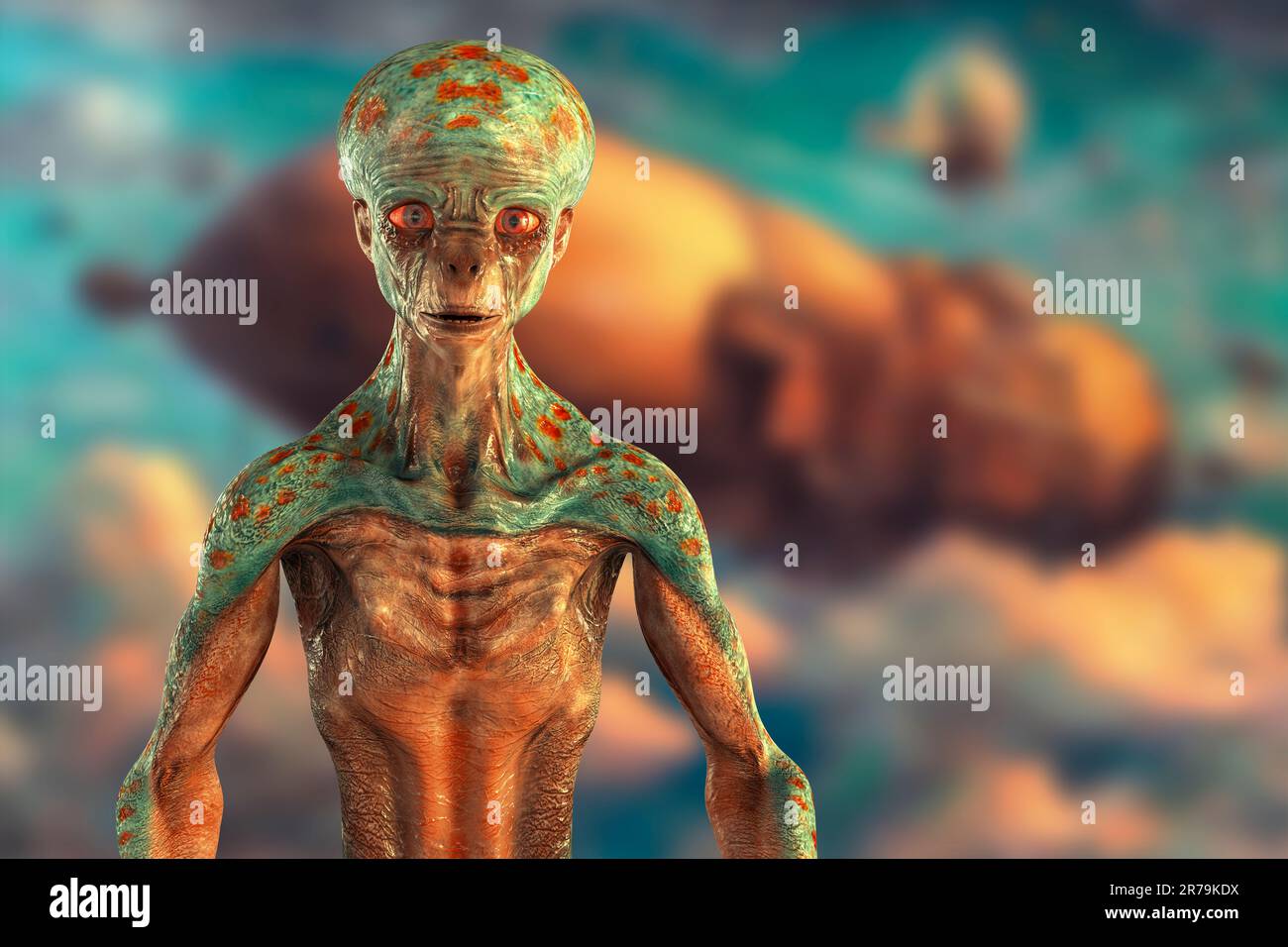 Portrait of a humanoid alien looking at camera with photo realistic ...