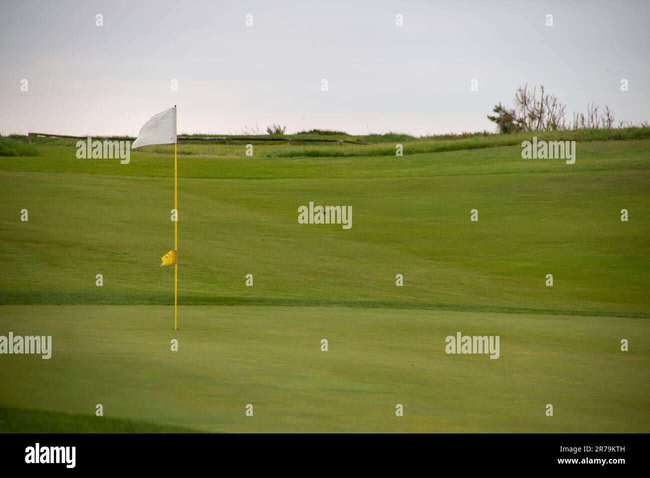 Green golf course perfectly cut, in a housing complex by the sea Stock ...