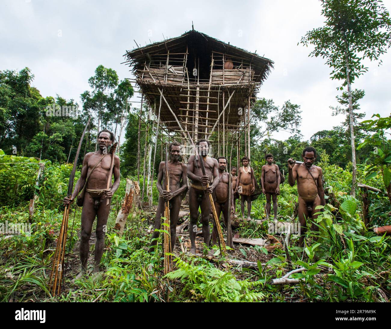 Few people Korowai tribe near his home in the jungle. Tribe of Korowai ...