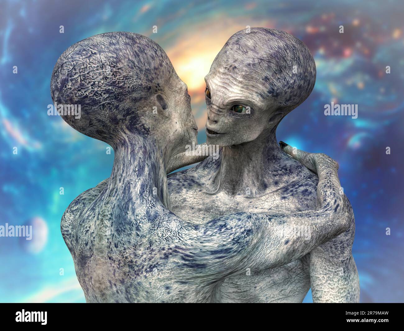Aliens love, 3D illustration. A couple of humanoid aliens hugging each ...