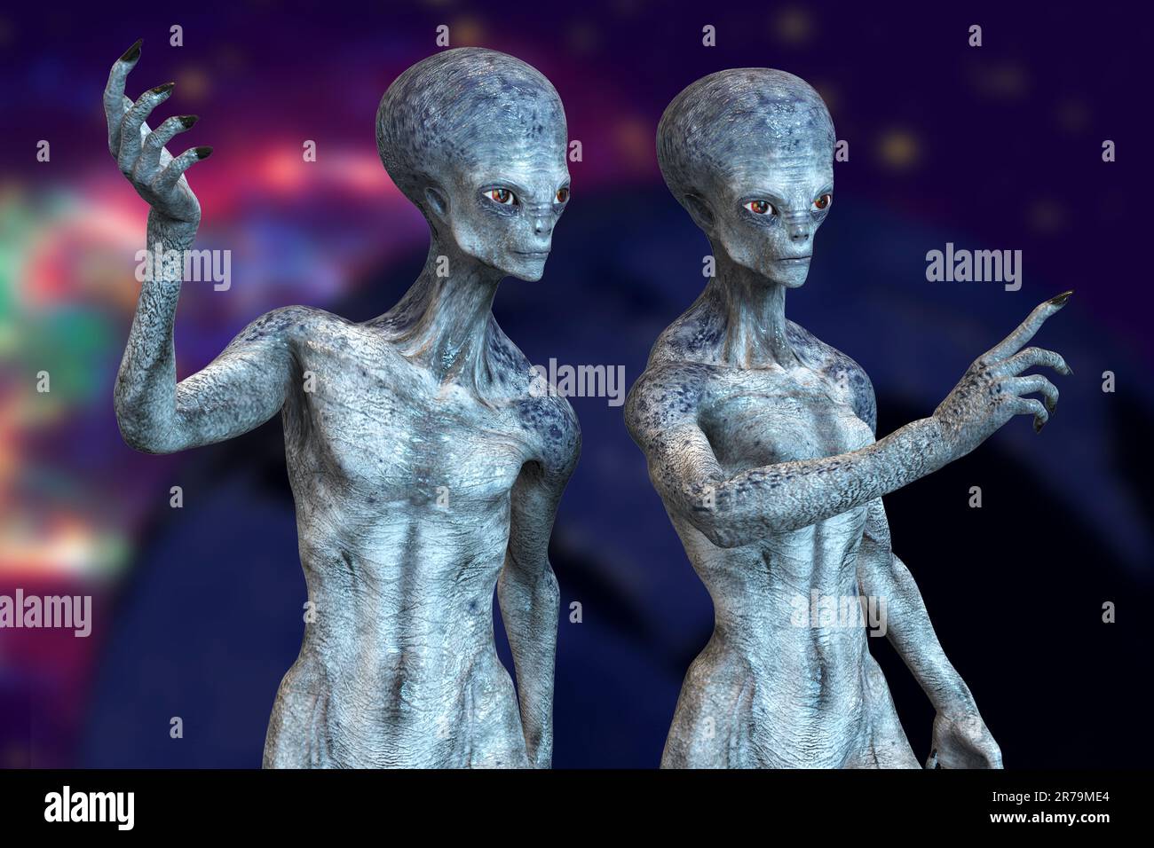 Two humanoid aliens talking between themselves with photo realistic ...
