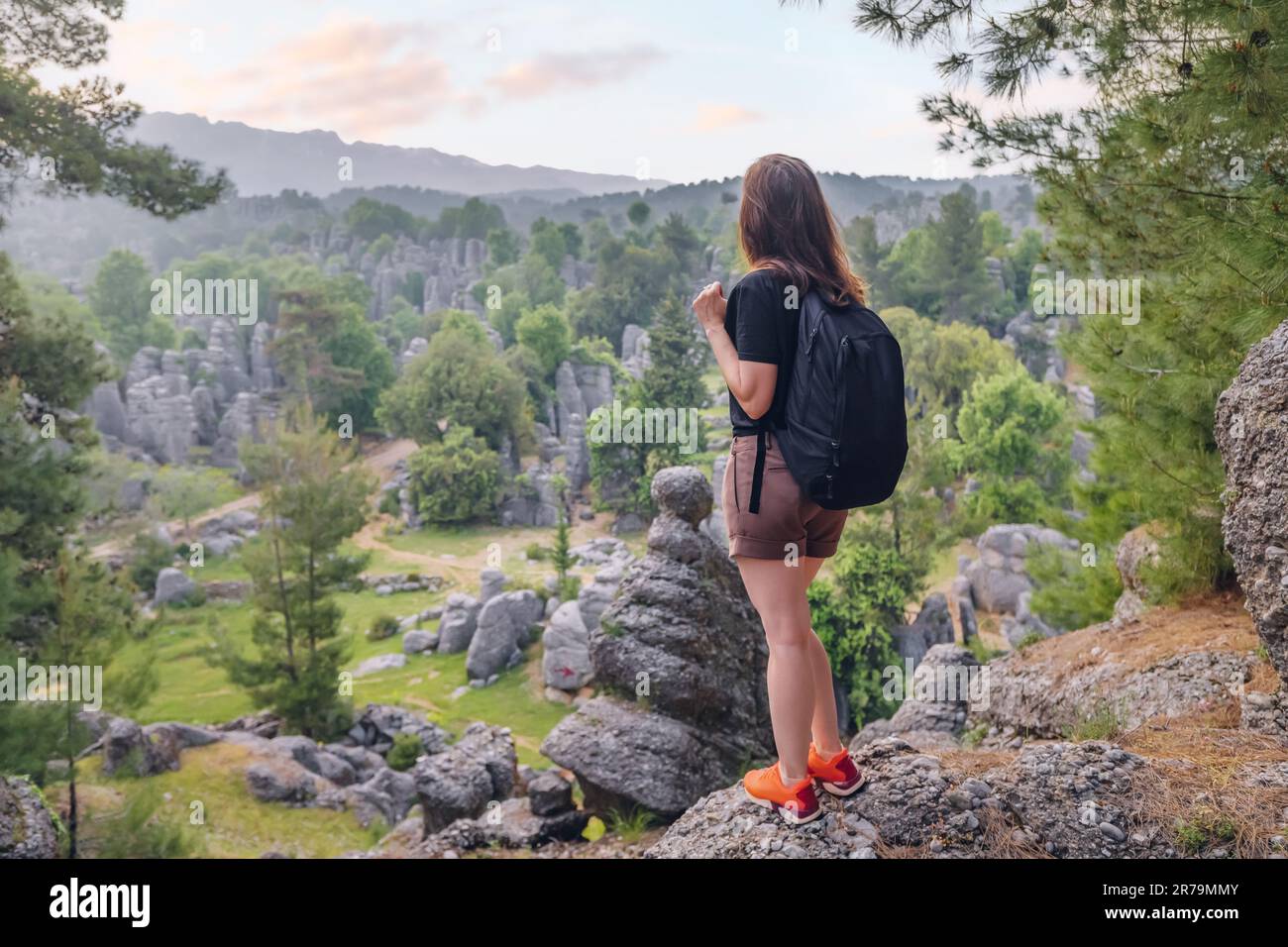 Happy traveler girl standing on top of the rock cliff with view of ...