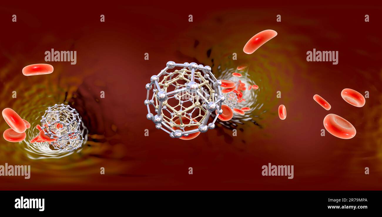 Fullerene nanoparticles in blood, conceptual 3D illustration, 360 ...
