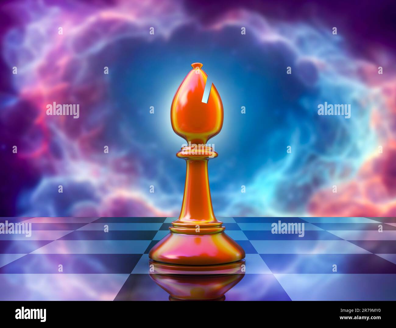 Chess bishop figure on chess board and space background, 3D ...