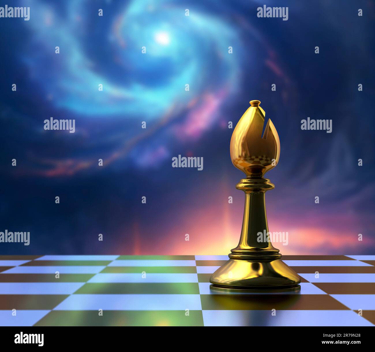 Chess bishop figure on chess board and space background, 3D ...