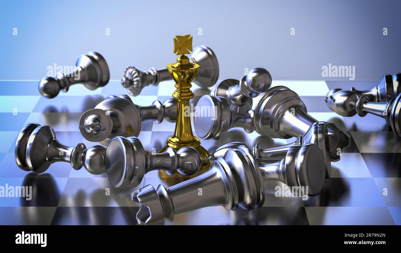 Chess game. Chess king on chess board with defeated chess figures, 3d ...
