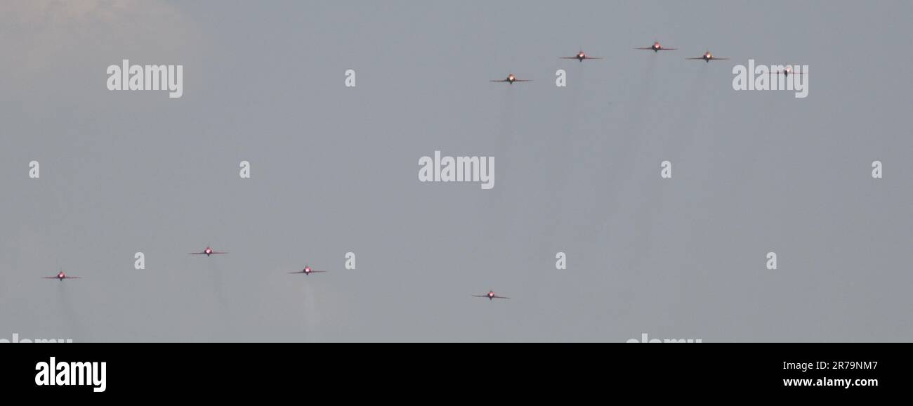 Red Arrows Aerobatic Display Team flying between venues on the 10 th ...