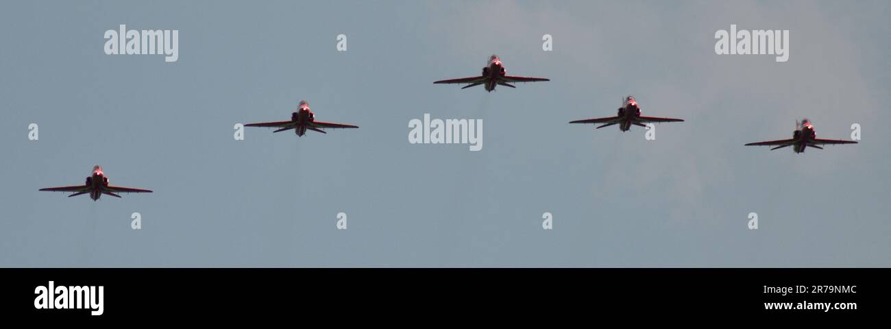 Red Arrows Aerobatic Display Team flying between venues on the 10 th ...