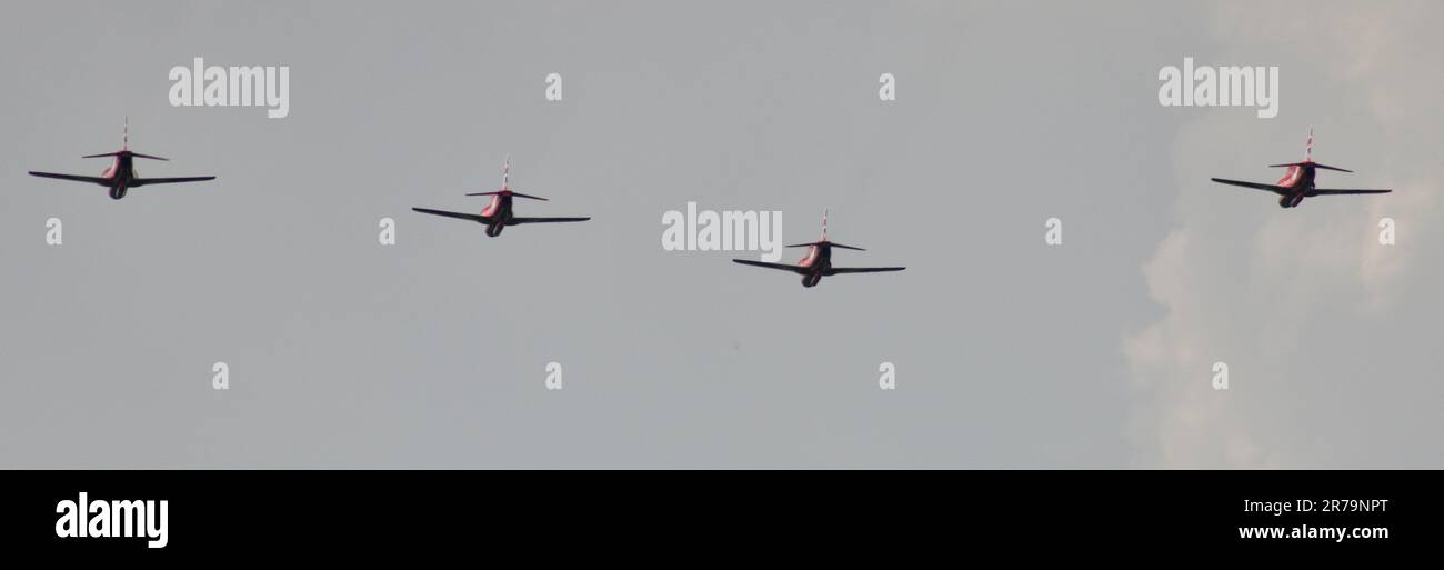 Red Arrows Aerobatic Display Team flying between venues on the 10 th ...