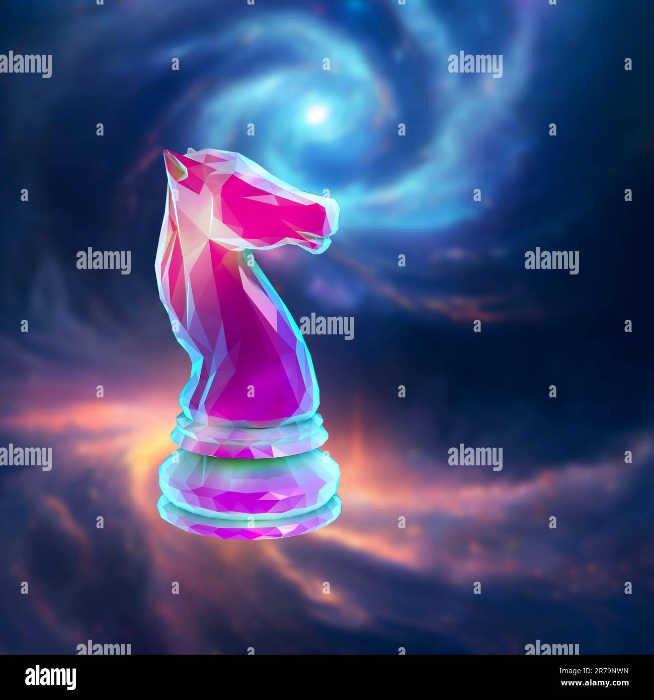 Low-polygonal chess knight figure on chess board and space background ...