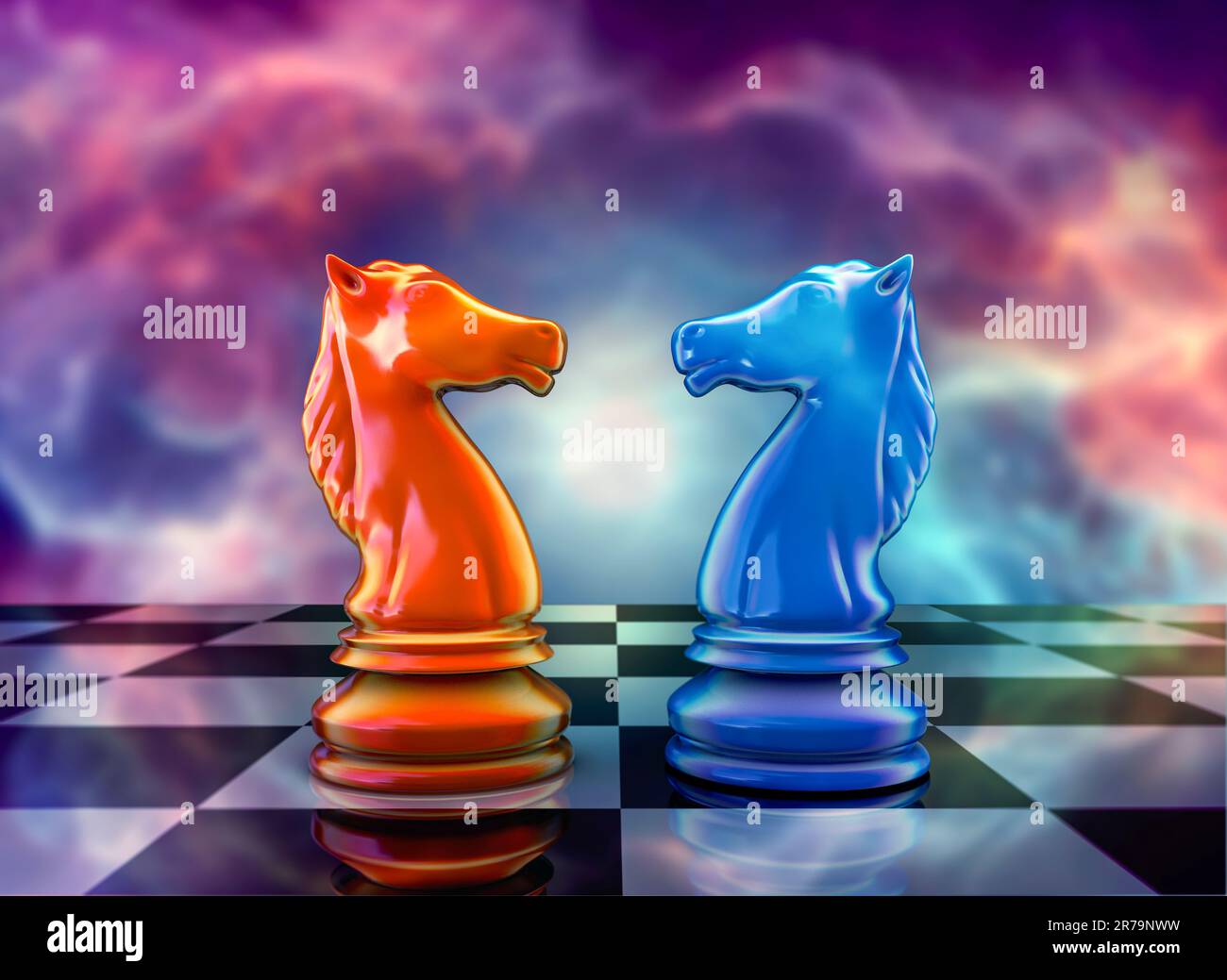 Chess knights on chess board and space background, 3D illustration ...