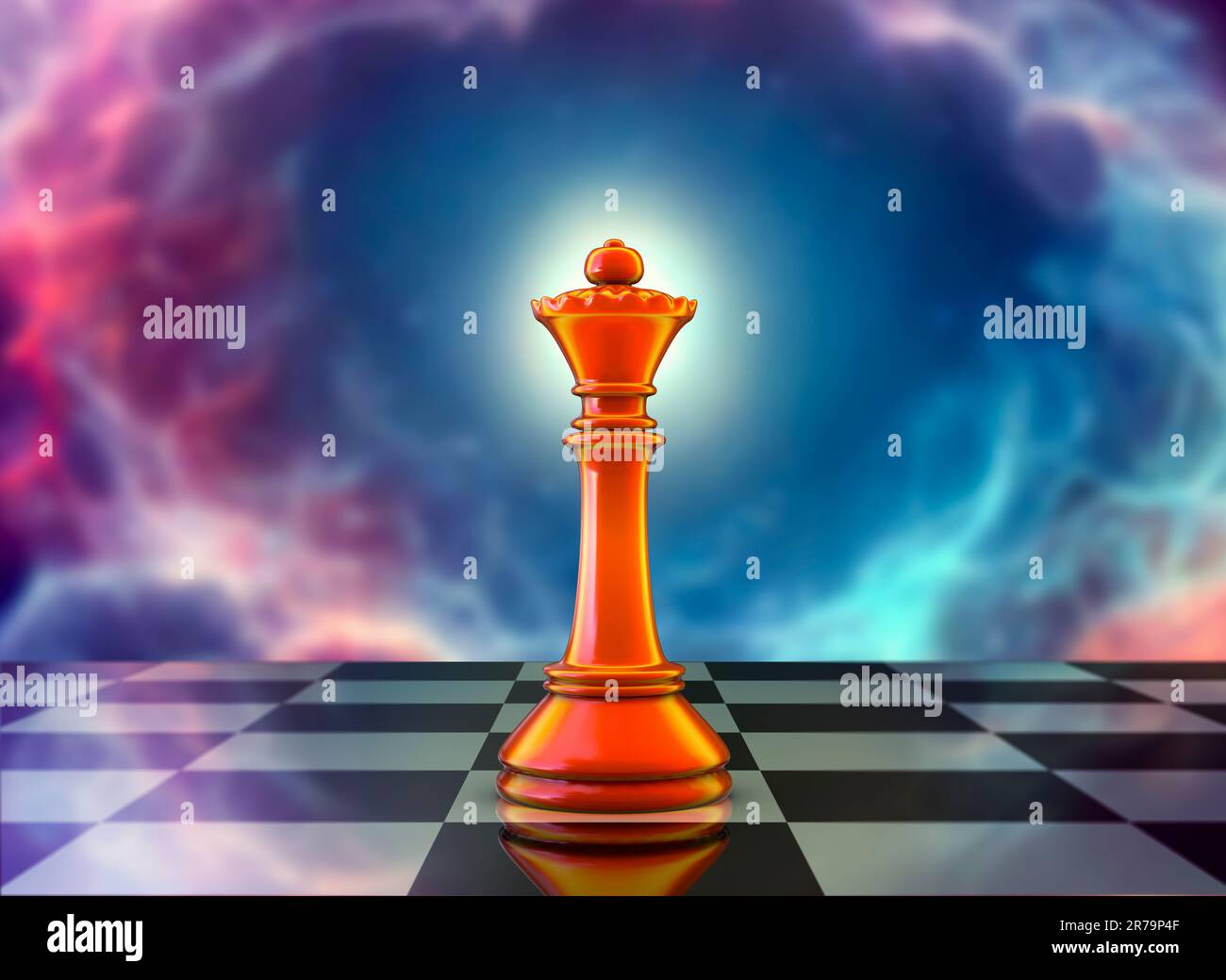Chess queen figure on chess board and space background, 3D illustration ...