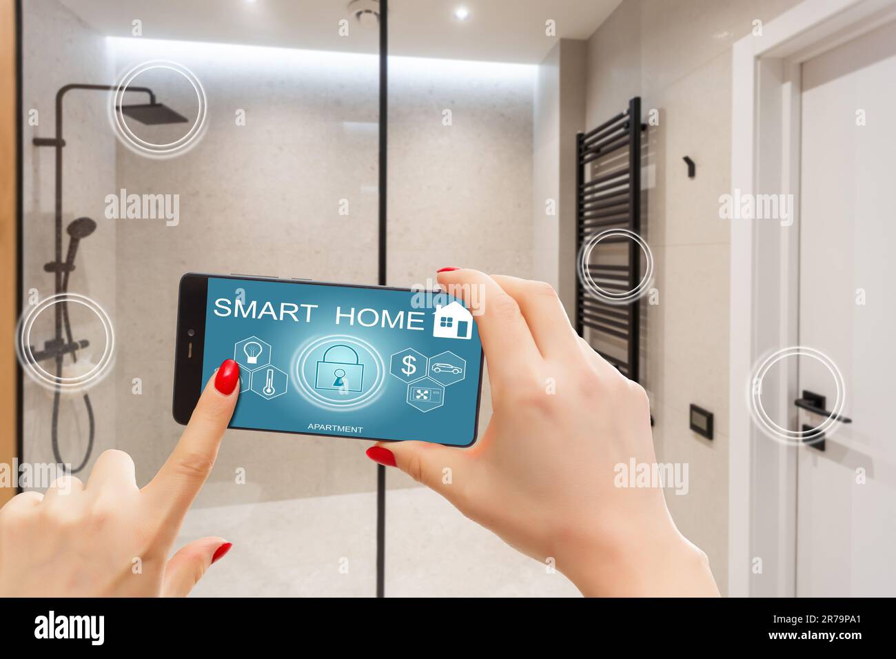 Smart home technology interface on smartphone app screen with augmented ...
