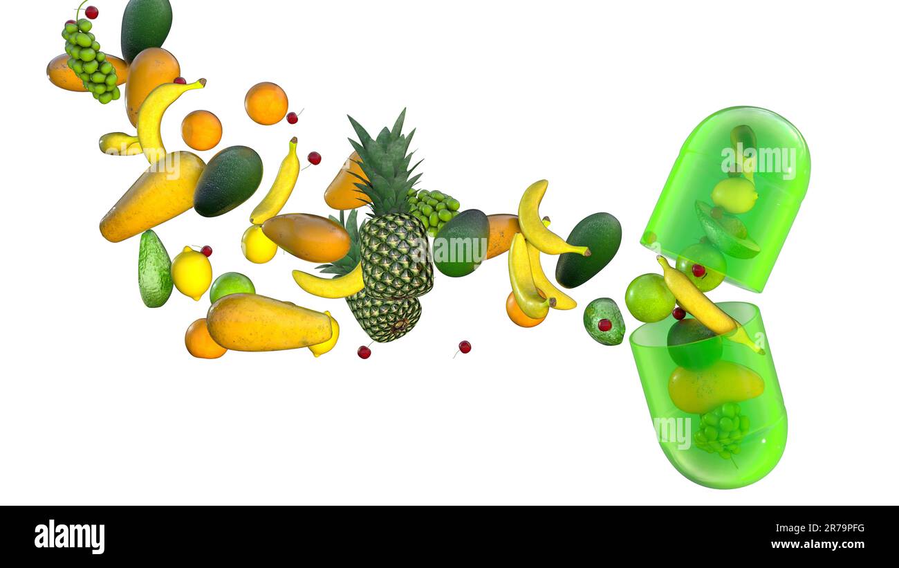 Pill with fruits, conceptual 3D illustration. Biological active ...