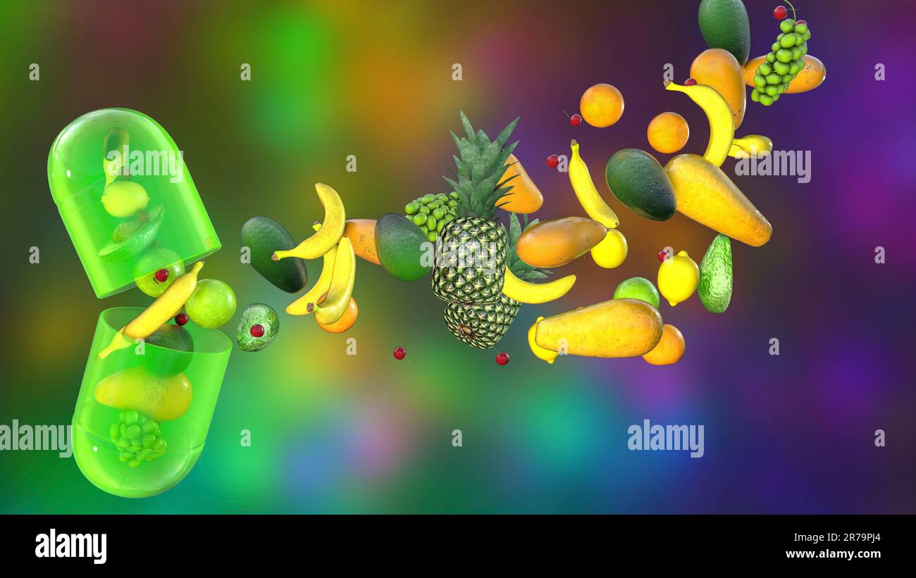 Pill with fruits, conceptual 3D illustration. Biological active ...