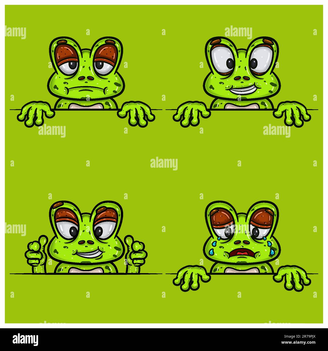 Set Of Expression Frog Face Cartoon. Bored, Crying, Smug And Happy Face ...