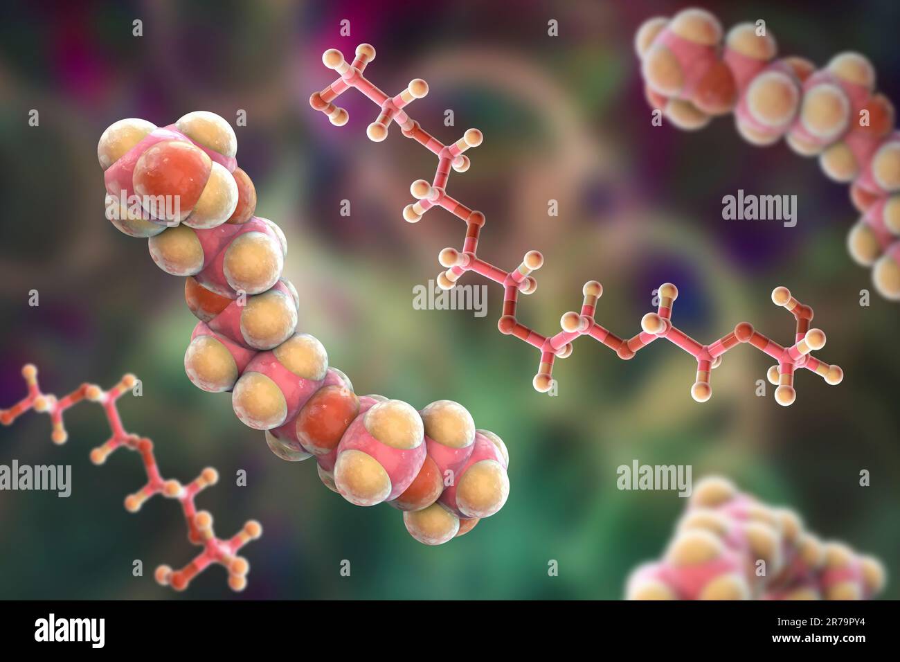 Polyethylene glycol (PEG). Hexaethylene glycol molecule, 3D ...