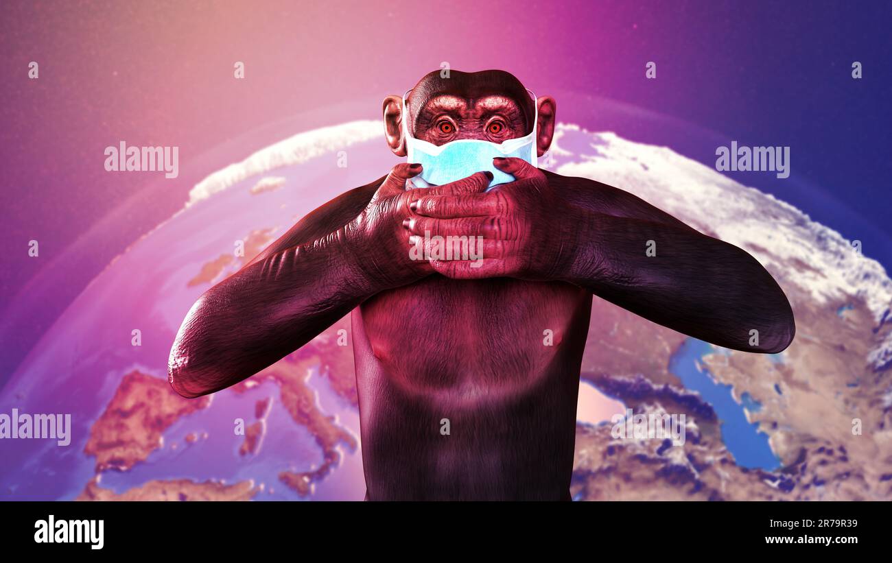 Monkeypox awareness. Monkey in a medical mask in upset position closing ...