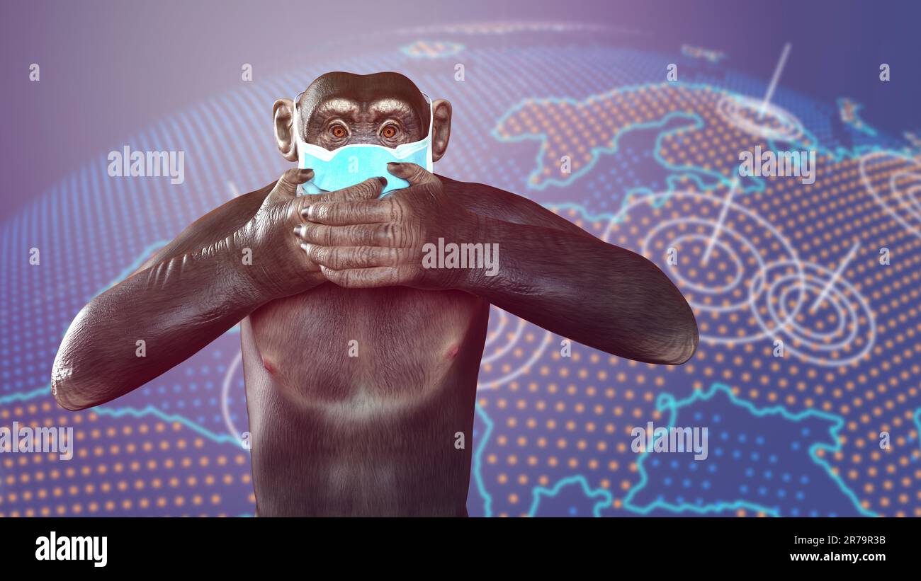 Monkeypox awareness. Monkey in a medical mask in upset position closing ...