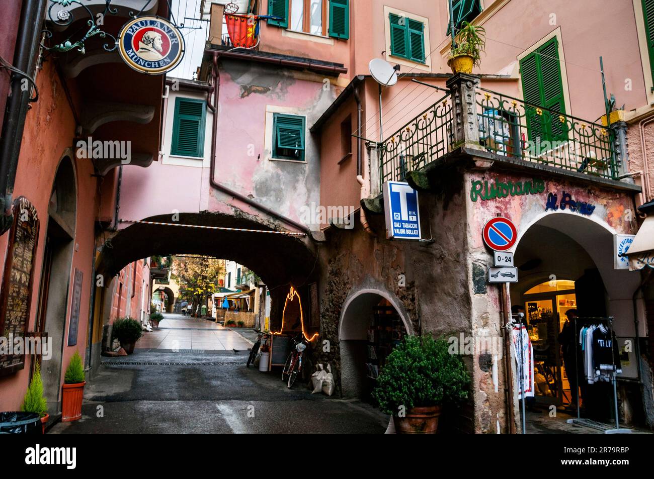 Colorful tower houses in Monterossa al Mare in Cinque Terre on the ...