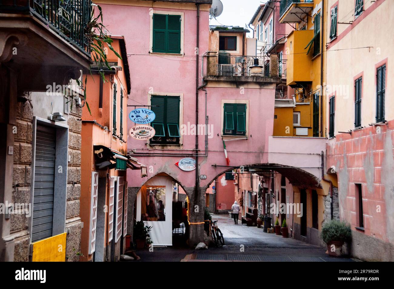 Colorful tower houses in Monterossa al Mare, Cinque Terre, Italy Stock ...