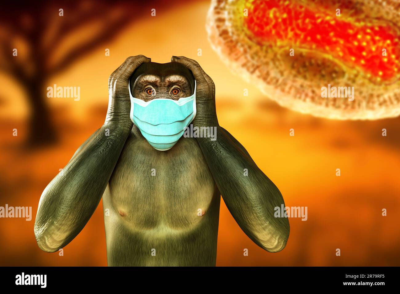 Upset monkey in a mask holding his head surrounded by monkeypox viruses ...