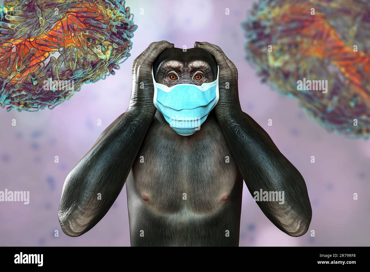 Upset monkey in a mask holding his head surrounded by monkeypox viruses ...