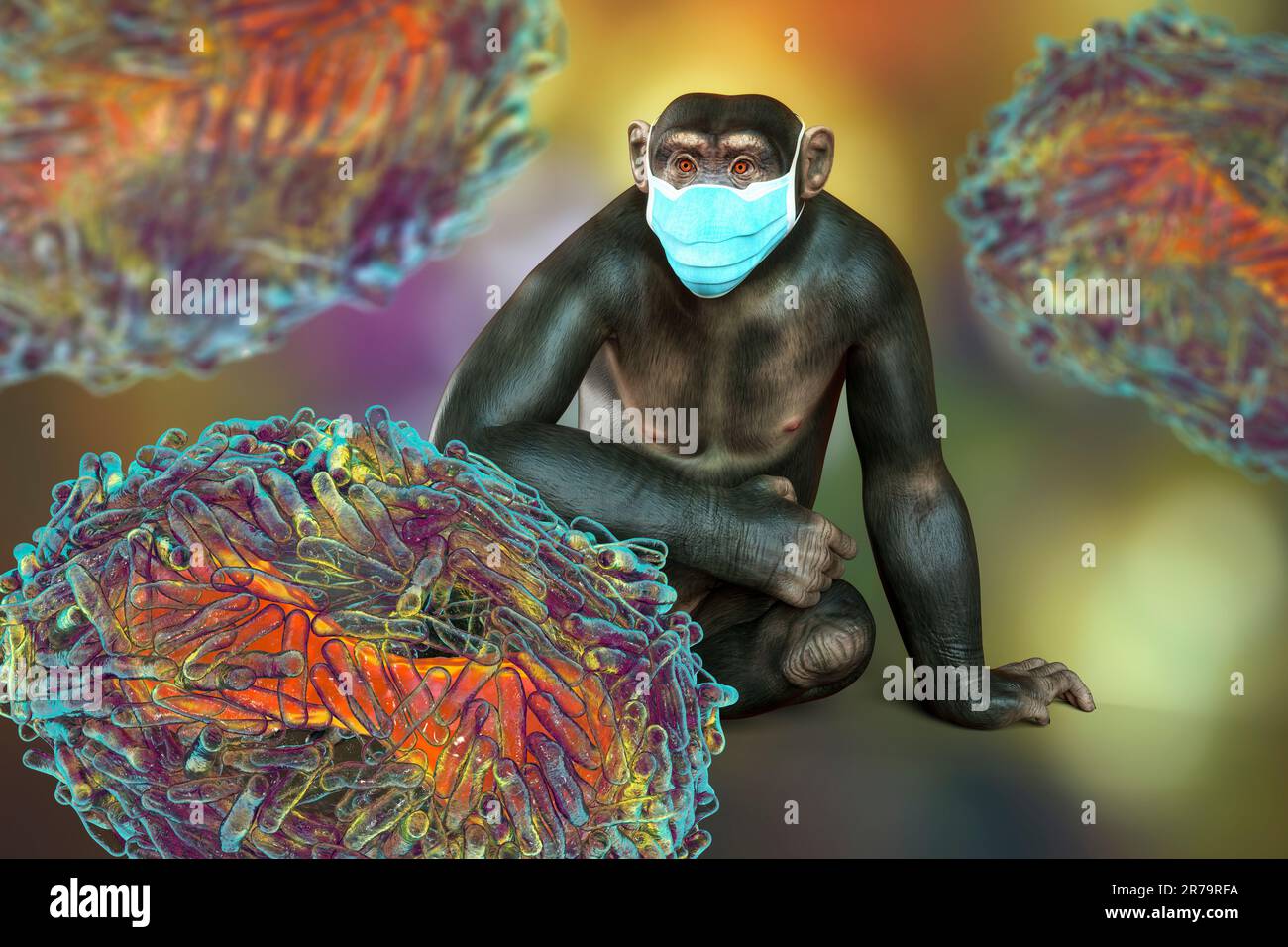 Upset monkey in a mask surrounded by monkeypox viruses, conceptual 3D ...