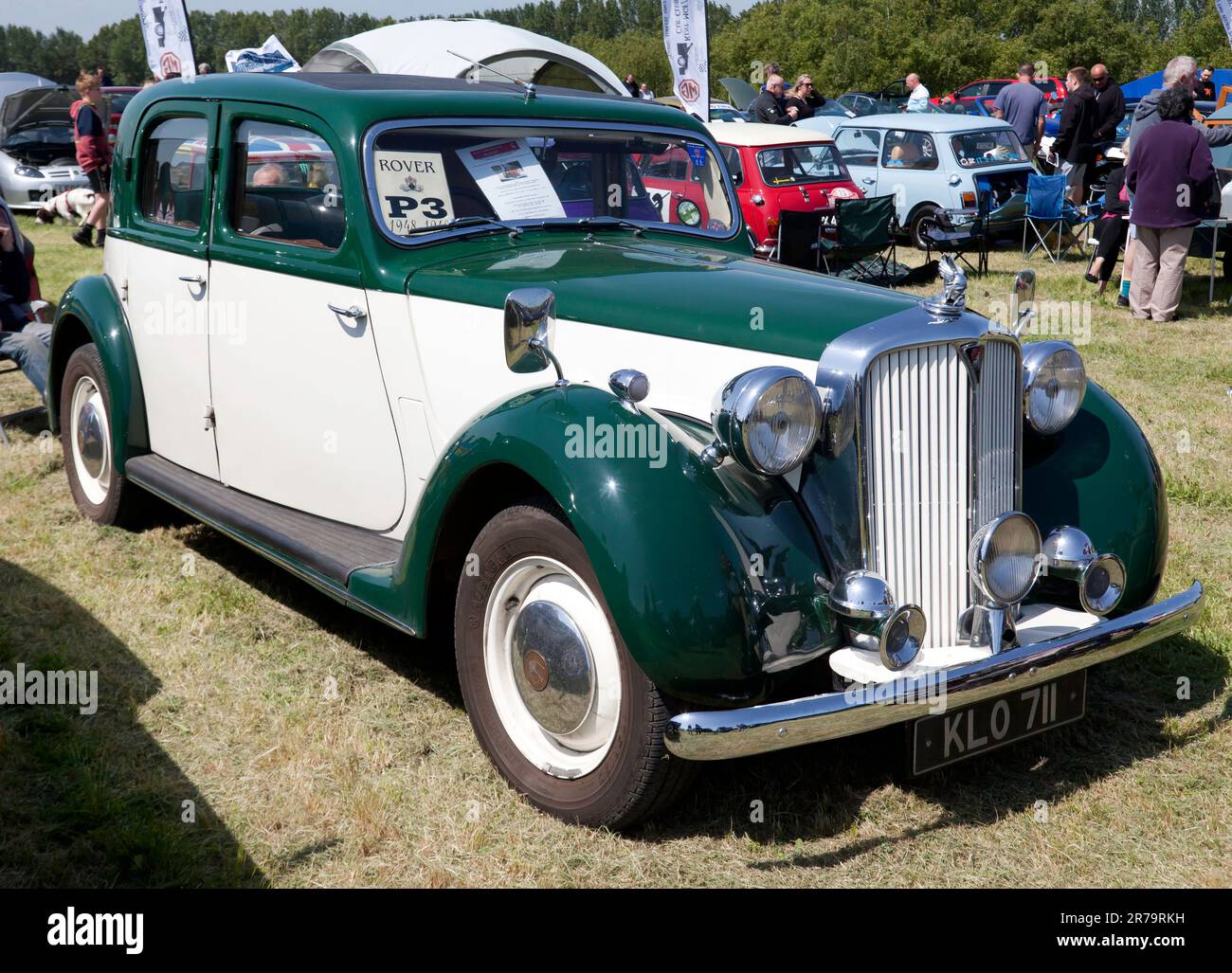 Three-quarter front view of a Green and White, 1949, Rover P3, on ...