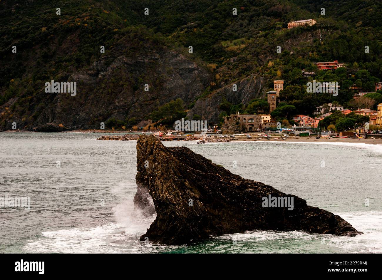 Sea side towers and sea stack in the gulf of Monterosso al Mare in ...