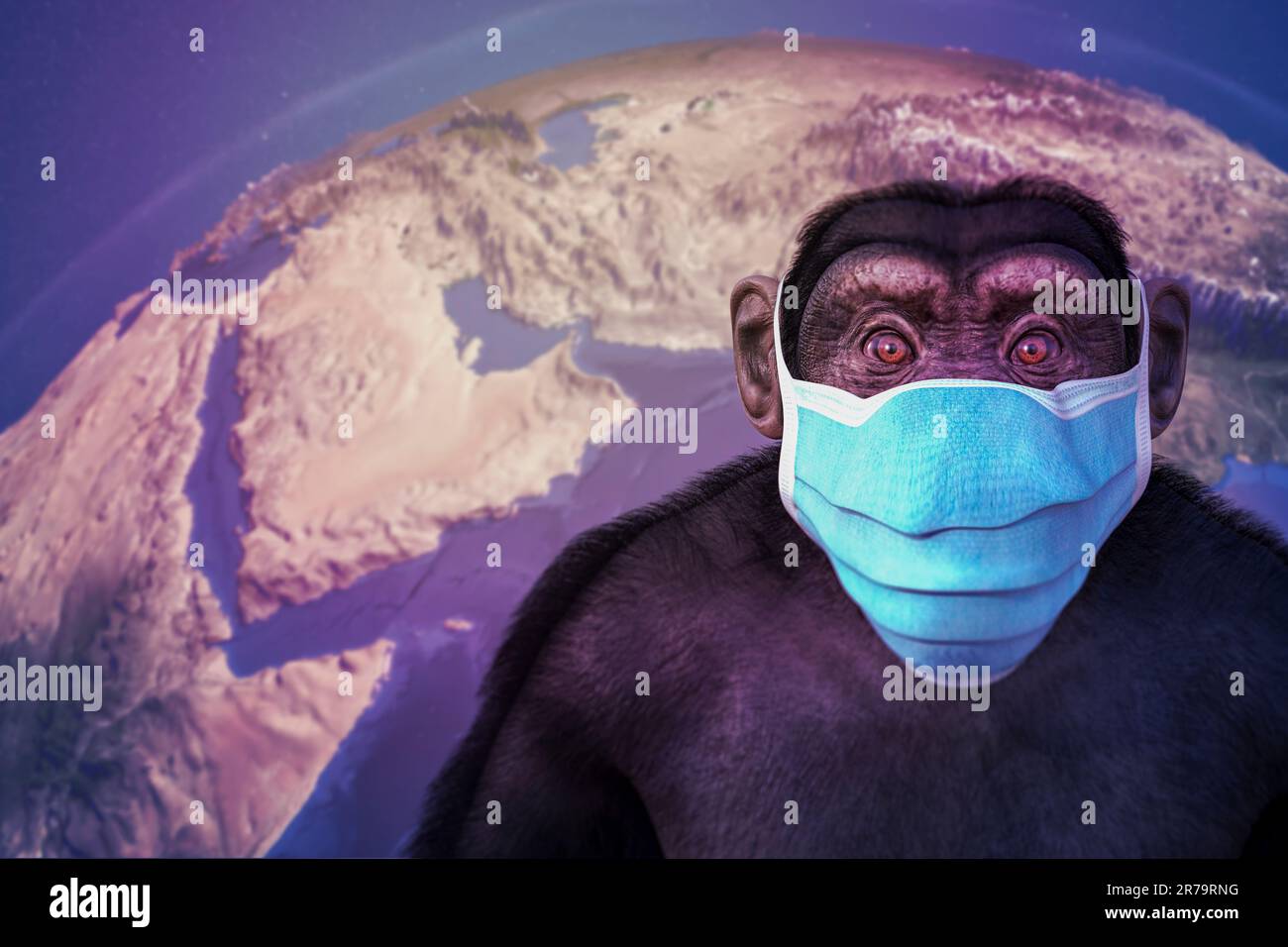Upset monkey in a mask on a background with Earth map, conceptual 3D ...