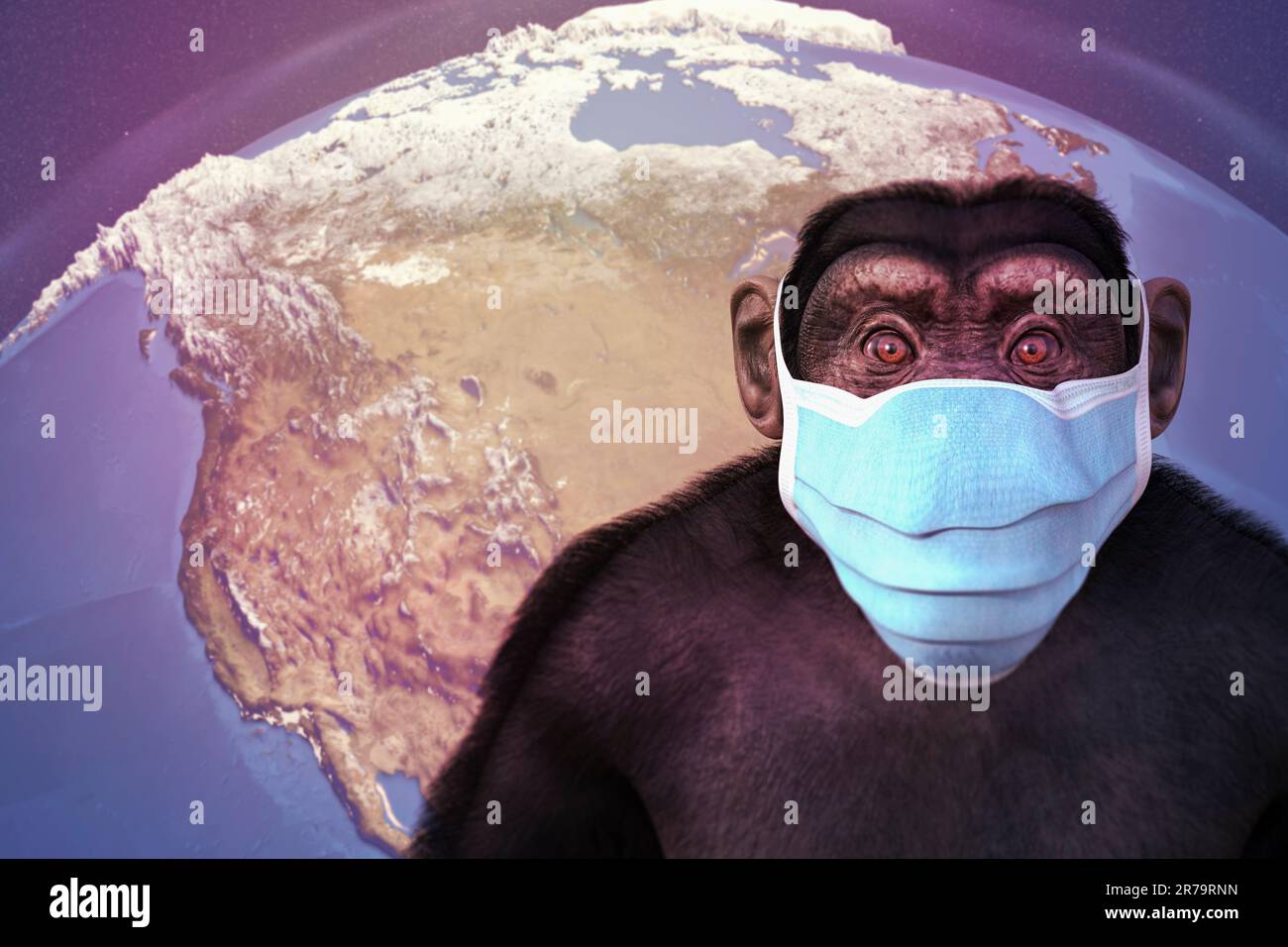 Upset monkey in a mask on a background with Earth map, conceptual 3D ...