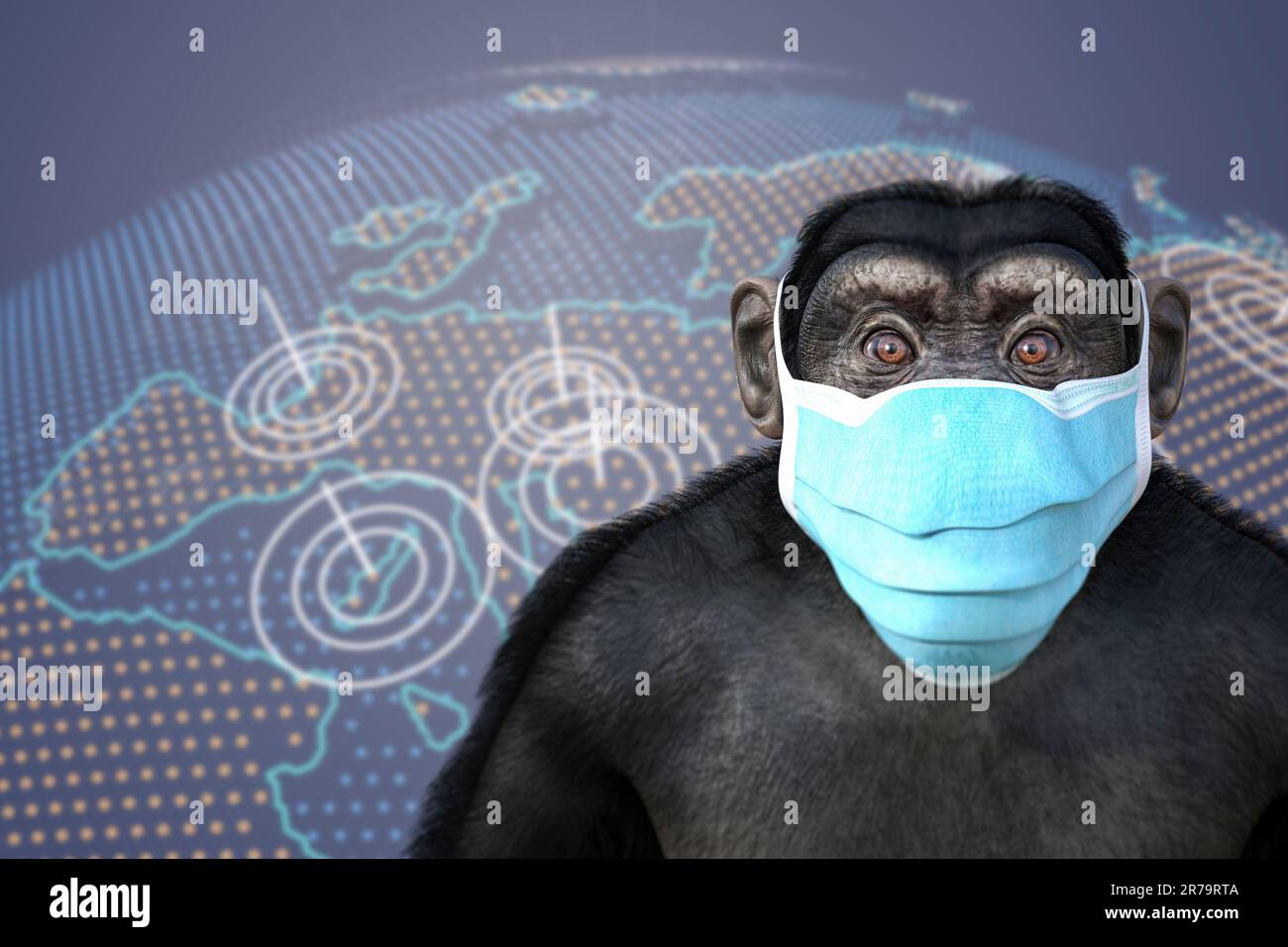 Upset monkey in a mask on a background with Earth map, conceptual 3D ...