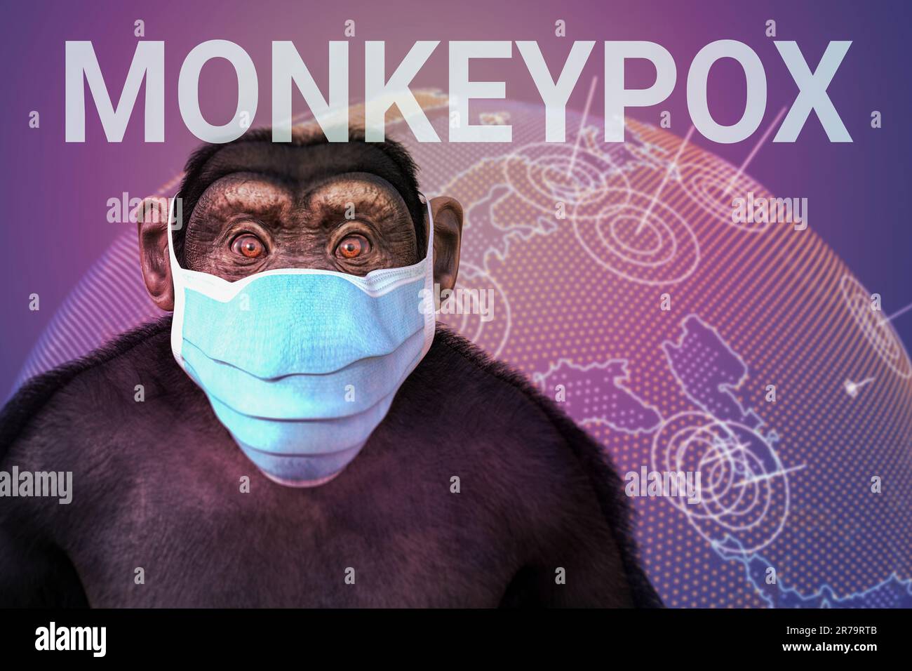 Upset monkey in a mask on a background with Earth map and Monkeypox ...