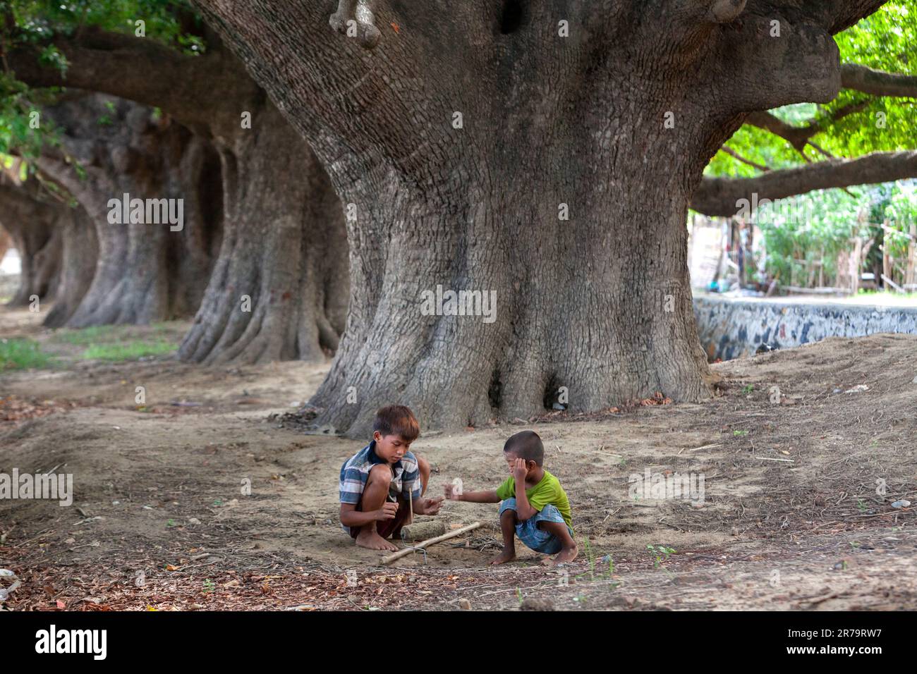 Two children playing under big trees, Amarapura (near Mandalay ...