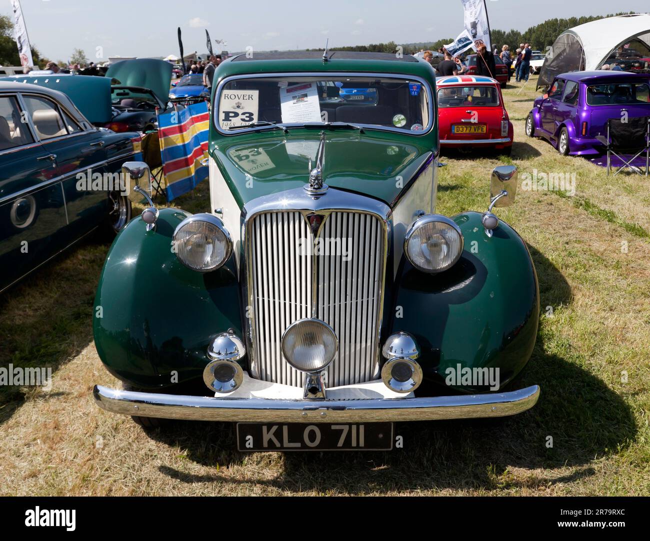 Front view of a Green and White, 1949, Rover P3, on display at the 2023 ...