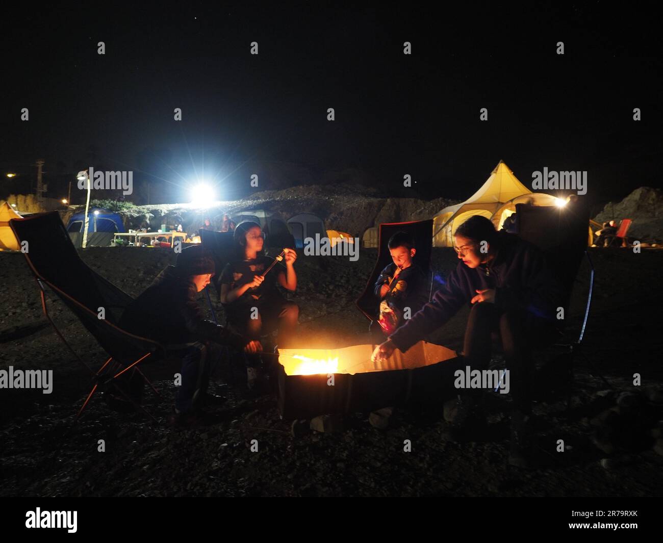 camping children. kids sitting around campfire roasting marshmallow ...