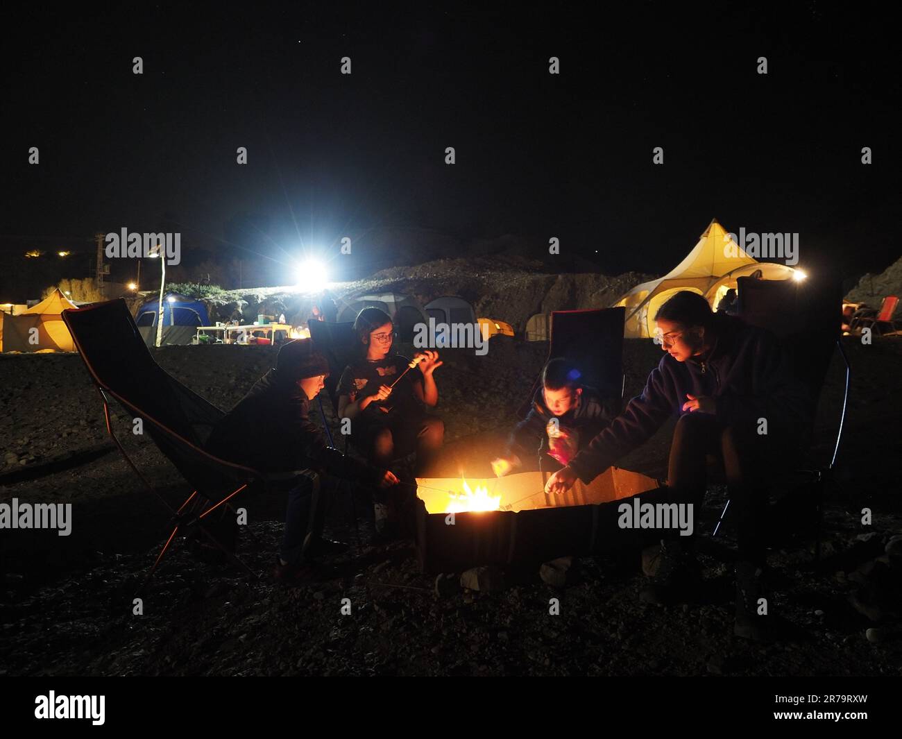 camping children. kids sitting around campfire roasting marshmallow ...