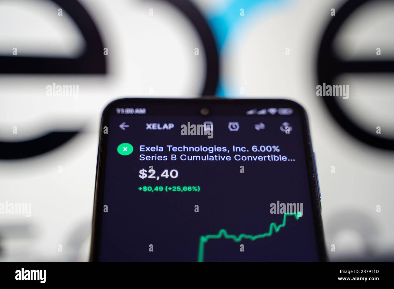 Stock market graph of Exela Technologies company on smartphone screen ...