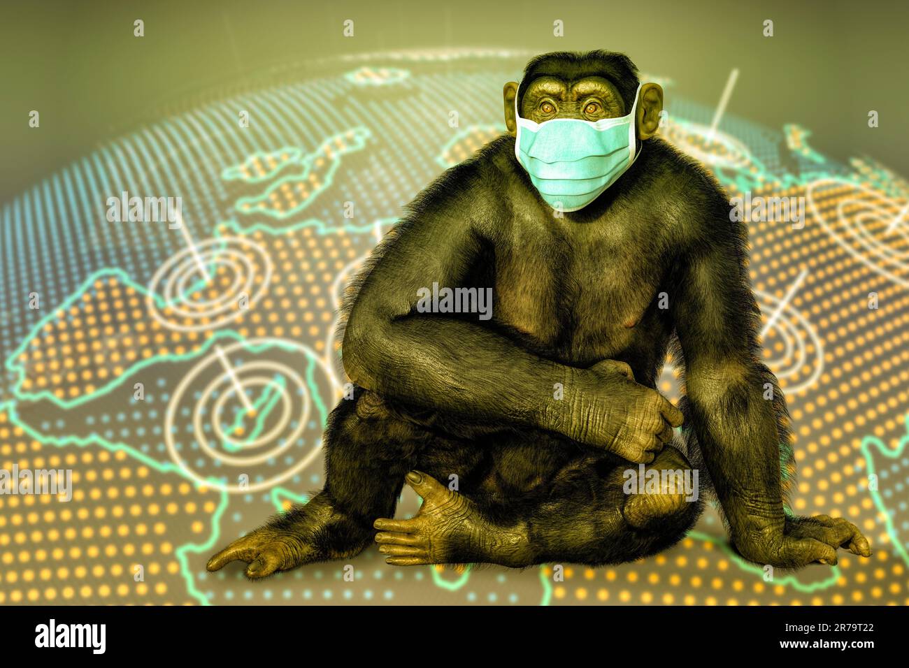 Monkeypox awareness. Monkey in a medical mask sitting on Earth map ...