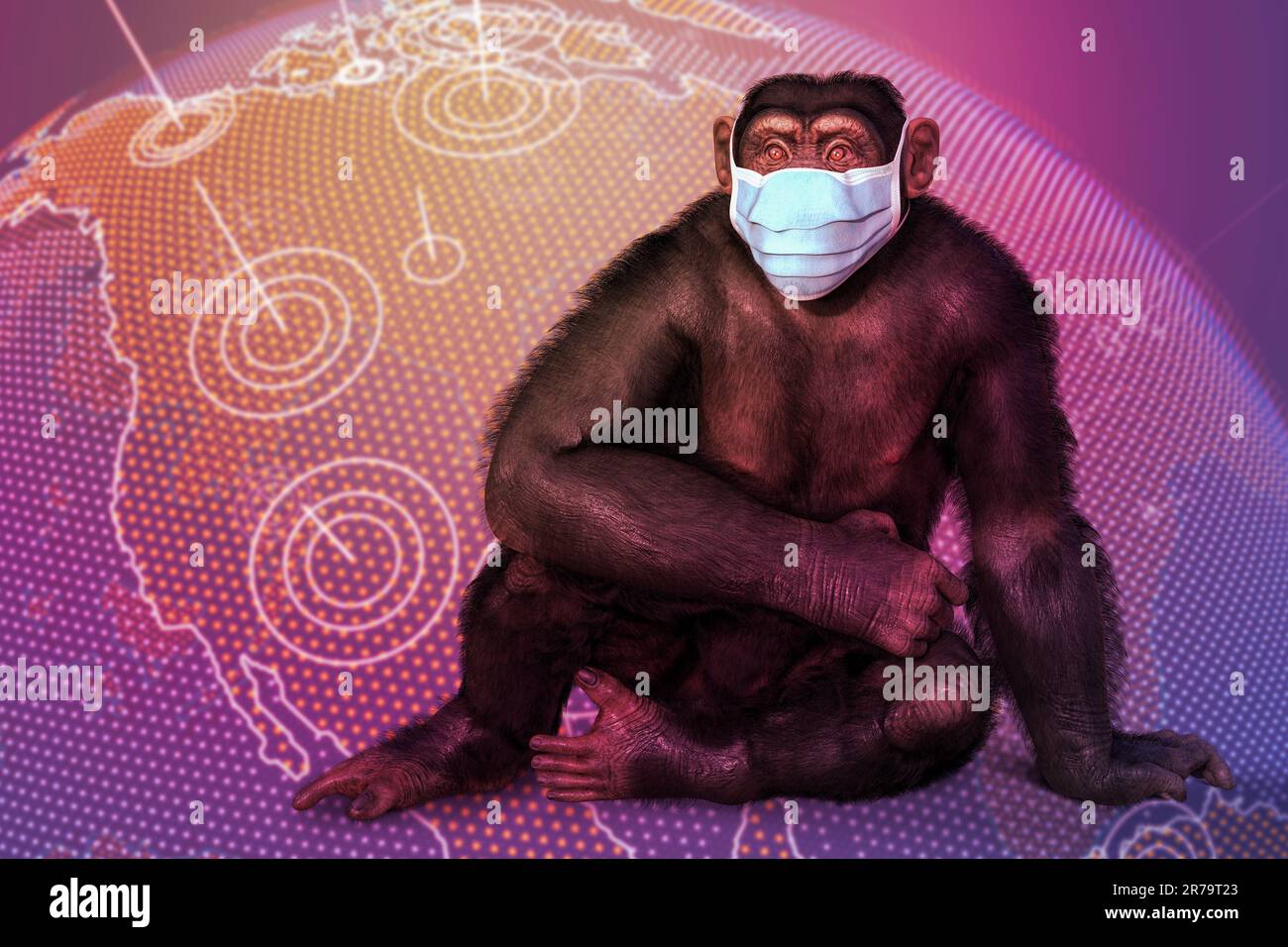 Monkeypox awareness. Monkey in a medical mask sitting on Earth map ...