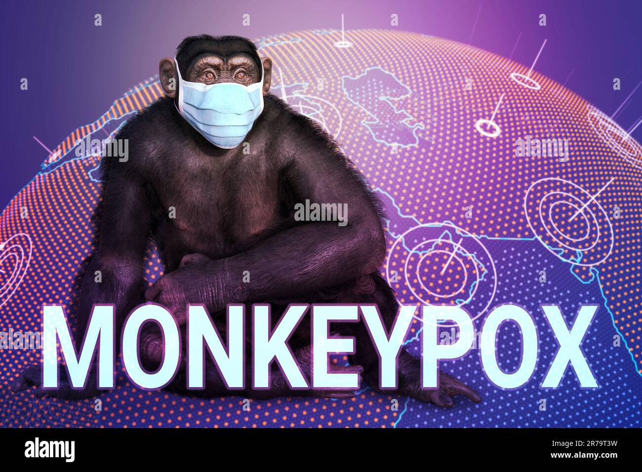 Monkeypox awareness. Monkey in a medical mask sitting on Earth map with ...